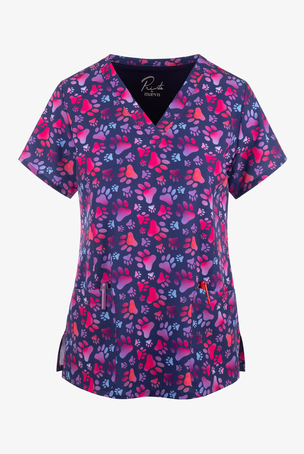 Maevn Paw Party Women's 3-Pocket STRETCH V-Neck Print Scrub Top, Ombre ...