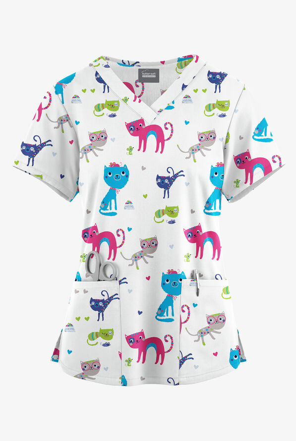 Butter-Soft Originals Cats Friendship White Printed Women's 4-Pocket ...