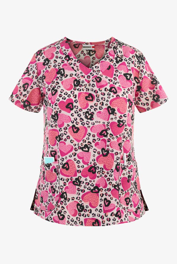 White Cross Leopard Hearts V-Neck Printed Scrub Top, Print Scrubs