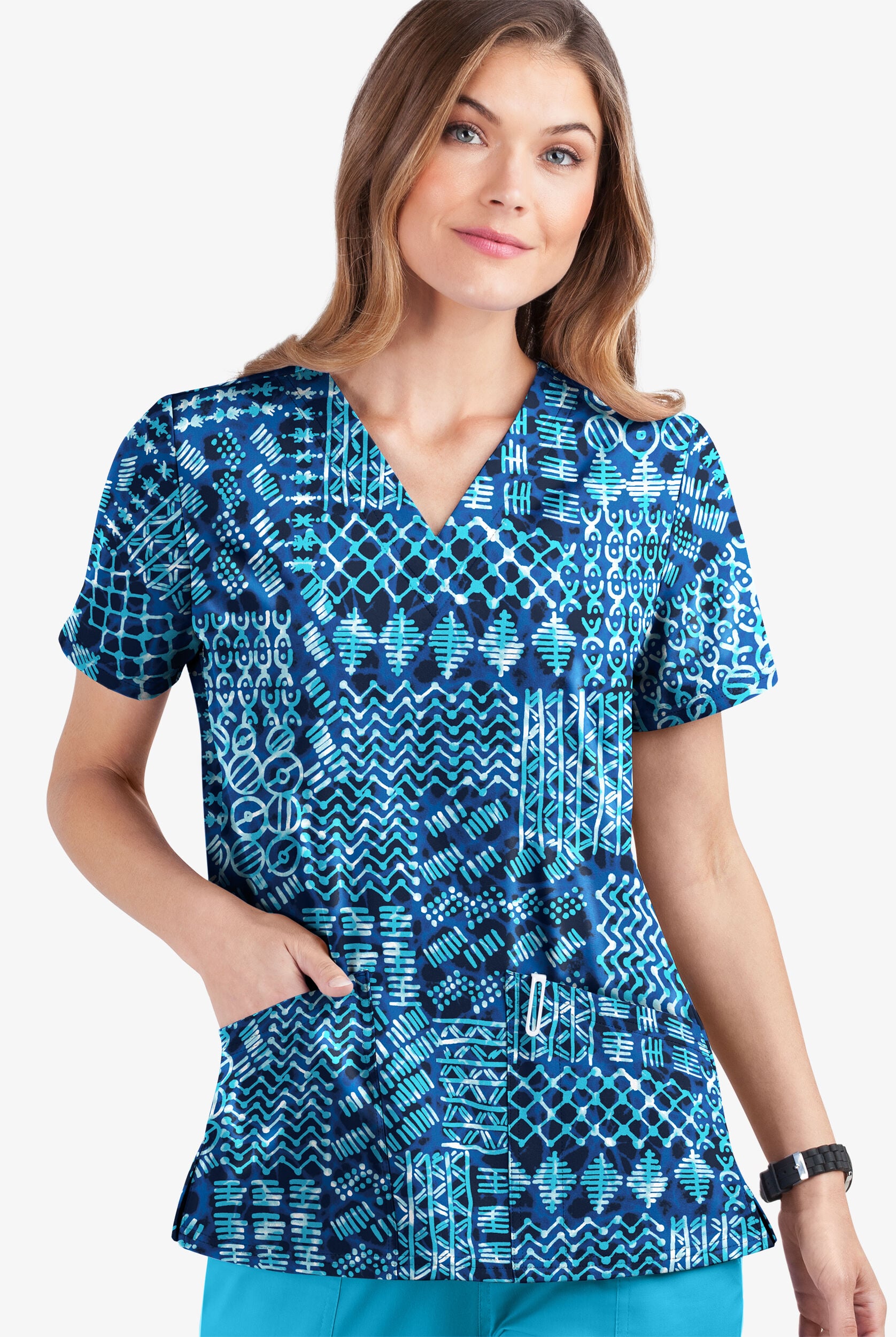 UA Butter-Soft STRETCH Dondo Patchwork V-Neck Scrub Top, Print Scrub