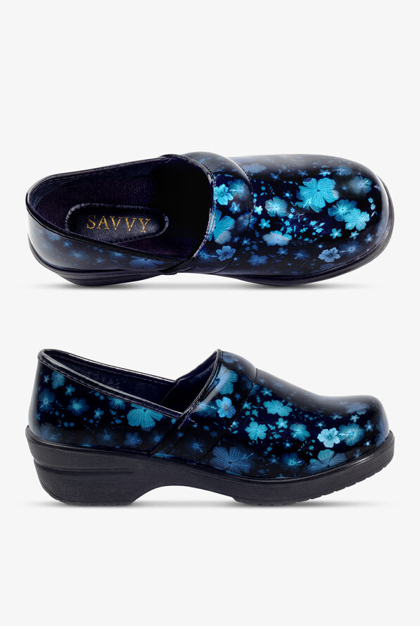 Savvy Brandy Blue Floral Women's Patent Nursing Clogs, Medical Clogs