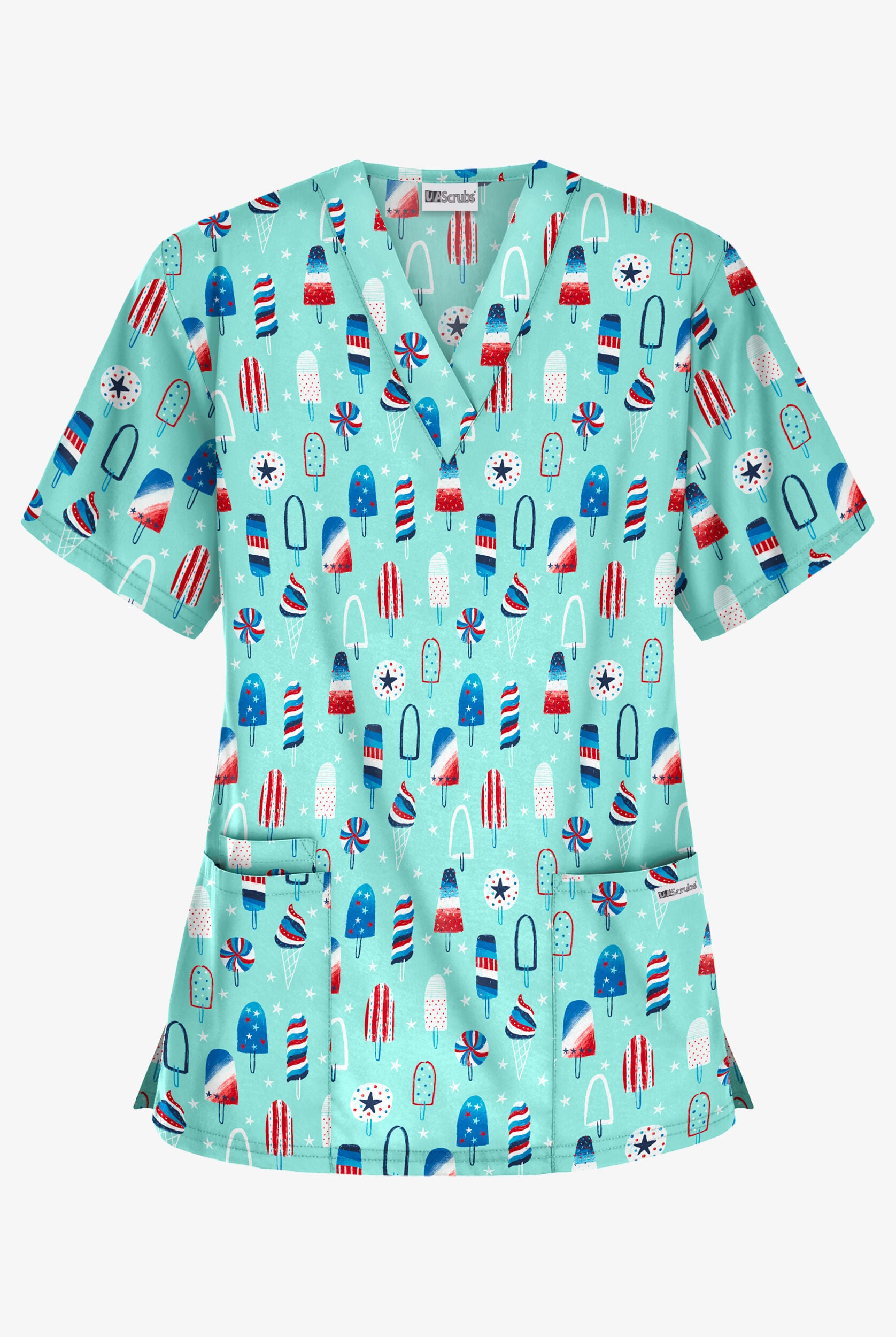 Butter-Soft Ice Cream Celebration Blue Print Scrub Top, Holiday Scrubs