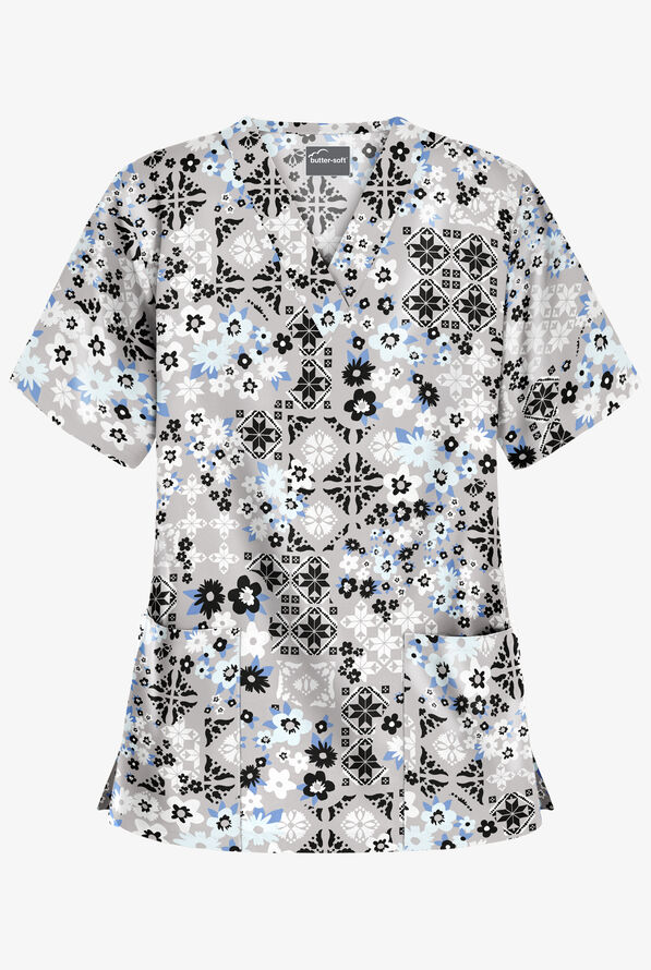 Butter-Soft Mosaic Floral Silver 2-Pocket V-Neck Top, Floral Scrubs