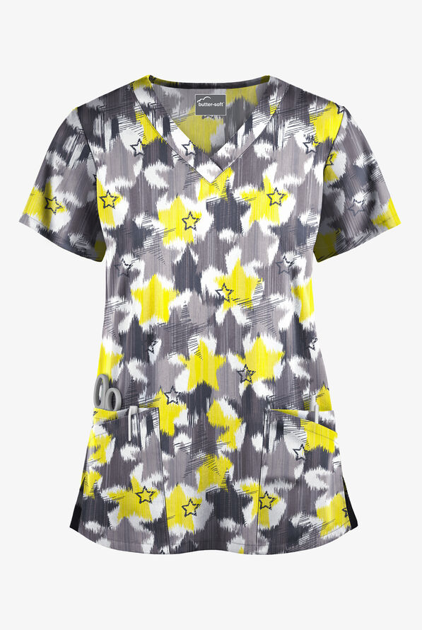 UA Butter-Soft Shining Stars White Printed Women's 4-Pocket Rounded V ...