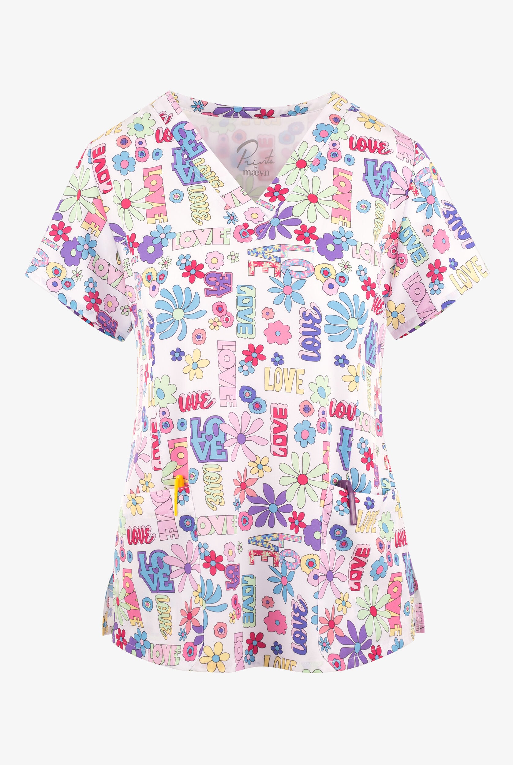 Maevn Love Blooms Women's 3-Pocket STRETCH V-Neck Print Scrub Top ...