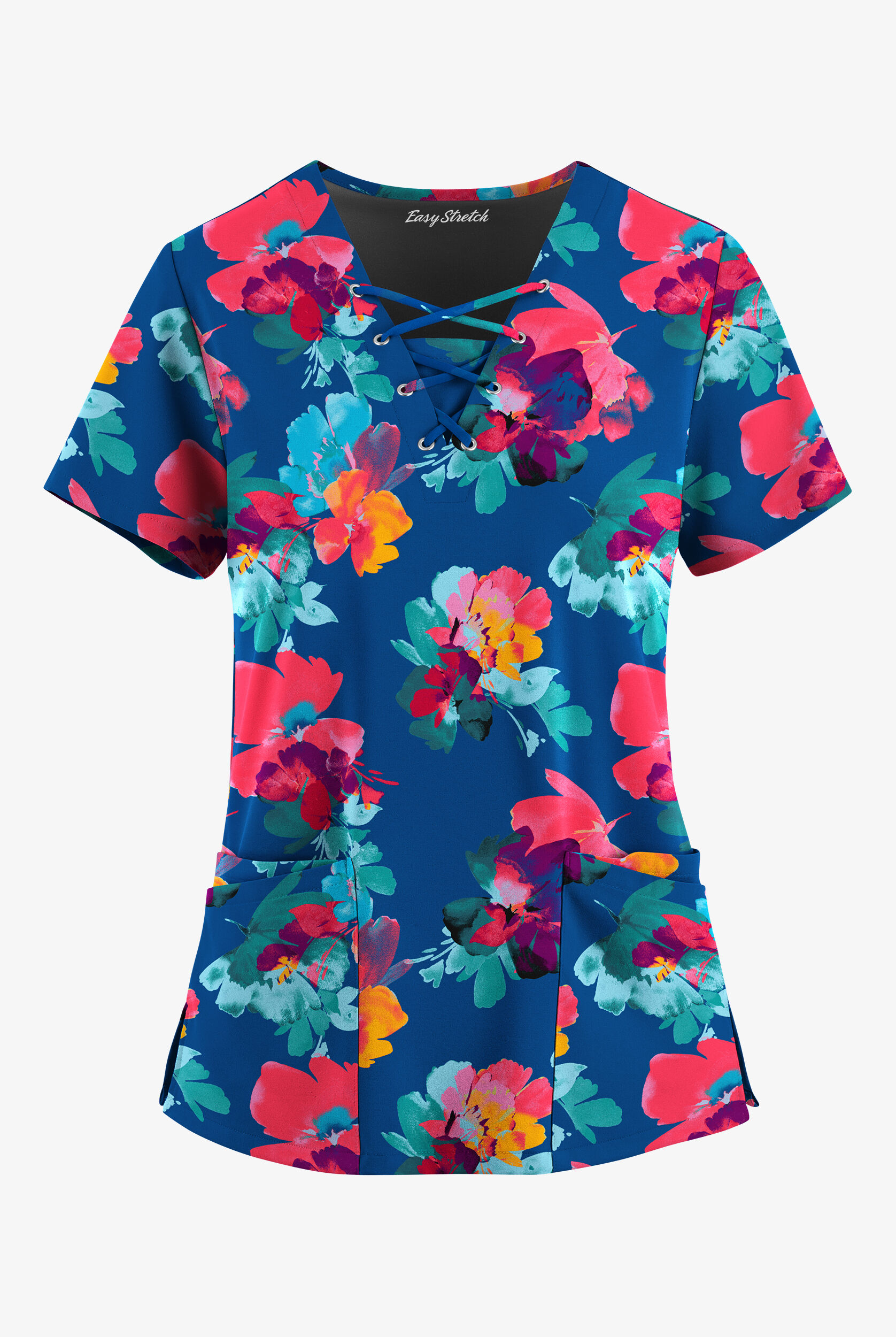 Easy Stretch Sweet Blossoms Royal Women's 4-Pocket Lace Up V-Neck Print ...