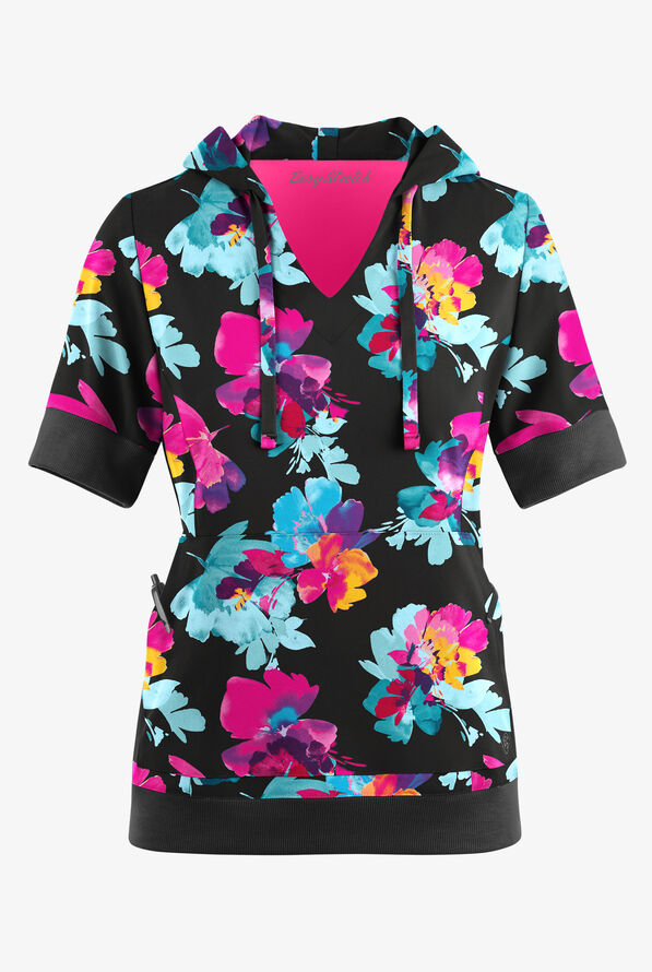 Easy STRETCH Sweet Blossoms Onyx Black Women's 3-Pocket Short Sleeve ...