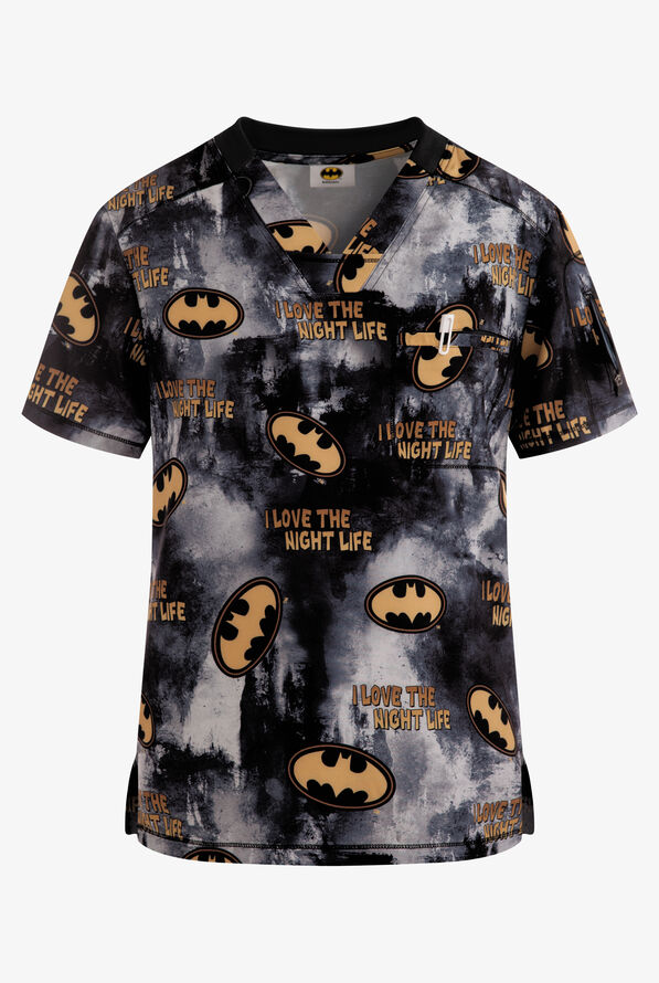 Cherokee Tooniforms Batman Men's Night Life Scrub Top, cartoon Scrubs