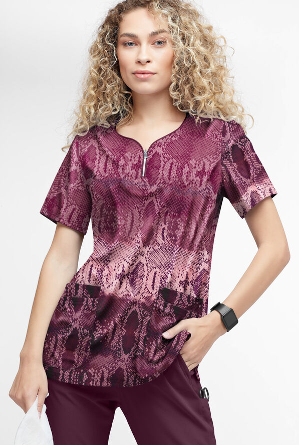 Easy STRETCH Wild Border Wine Women's 4-Pocket Curved Neck Print Scrub ...