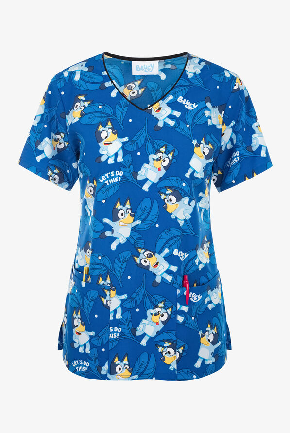 Tooniforms Bluey Women's 3-Pocket STRETCH V-Neck Print Scrub Top ...