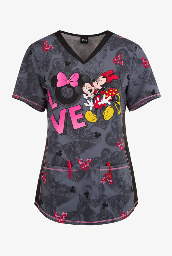 Tooniforms Disney's Minnie Love Women's 2-Pocket STRETCH V-Neck Print ...