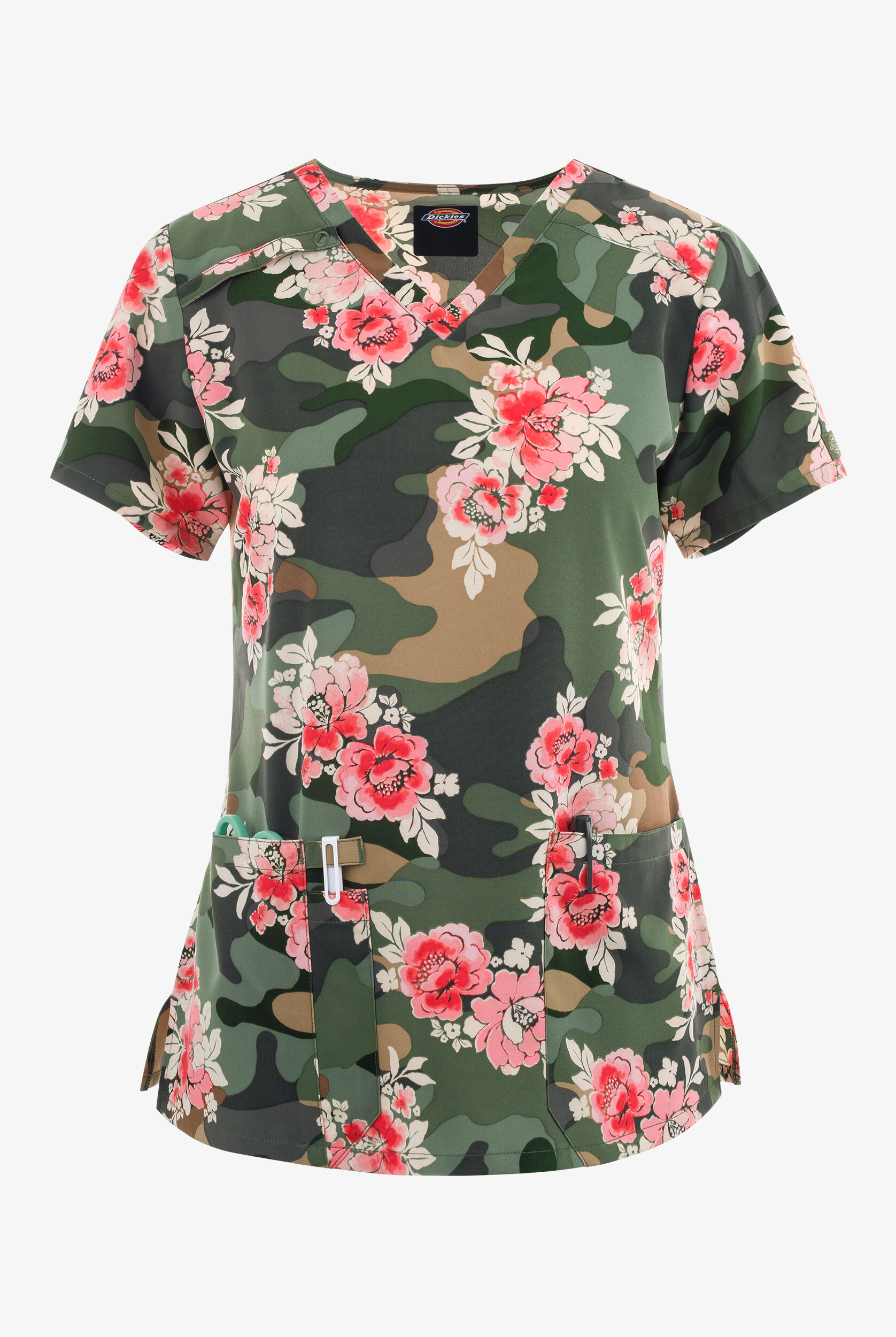 Dickies EDS Camo's Abloom Women's 2-Pocket STRETCH V-Neck Print Scrub Top
