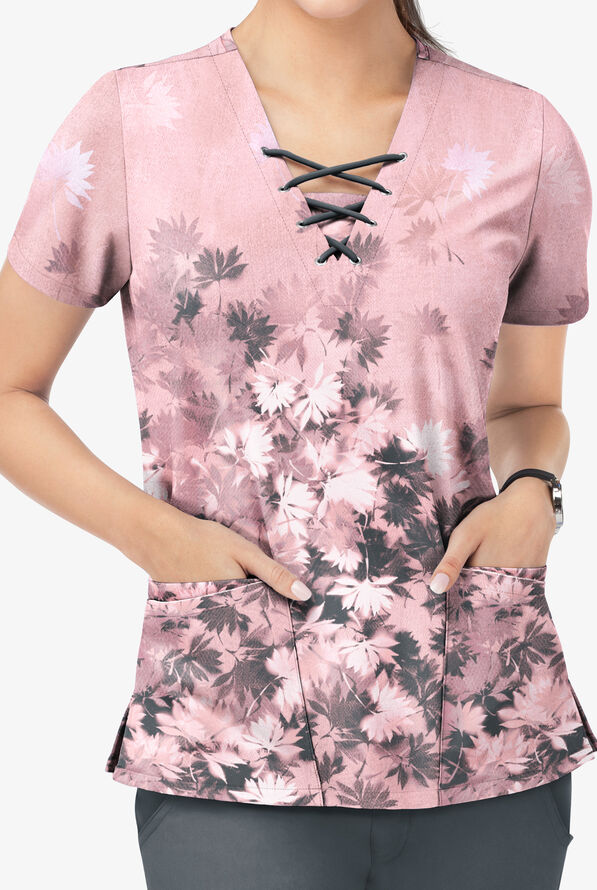 Easy STRETCH Floral Bloom Powder Pink Print Scrub Top, Fashion Scrubs