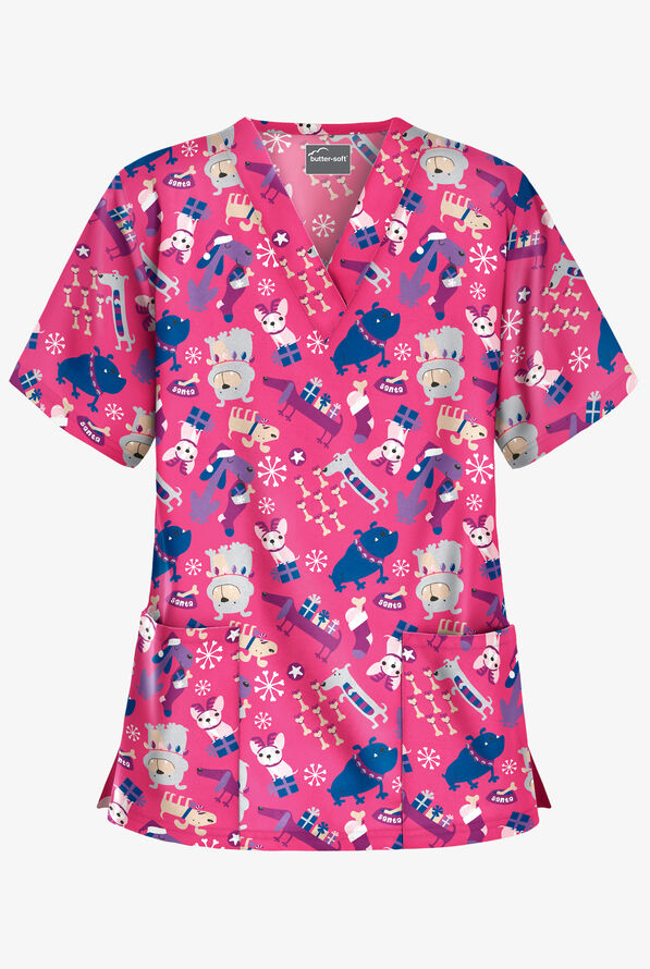 UA Butter-Soft Happy Dogs Fuchsia Women's 2-Pocket V-Neck Print Scrub ...
