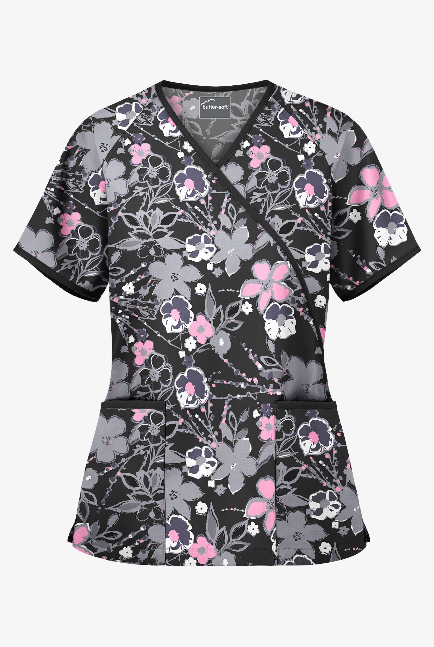 UA Butter-Soft London Floral Black Printed Women's 2-Pocket Mock Wrap ...