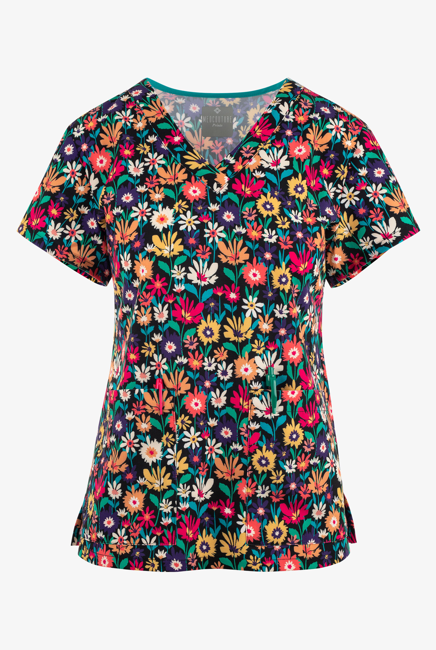 Med Couture Daisy Fields Ditsy Floral Women's 2-Pocket STRETCH V-Neck ...
