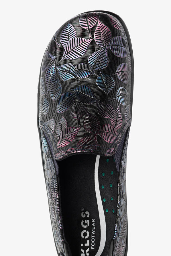 Klogs Moxy Blue/Purple Leaves Leather Slip On Clogs, Medical Footwear