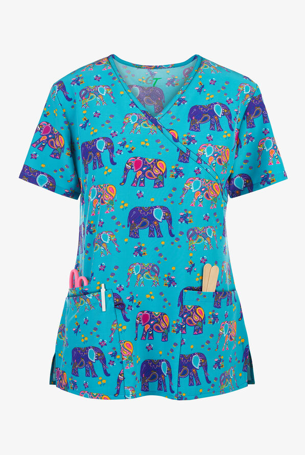 Green Town Boho Elephants Mock Wrap Print Scrub Top, Animal Scrubs