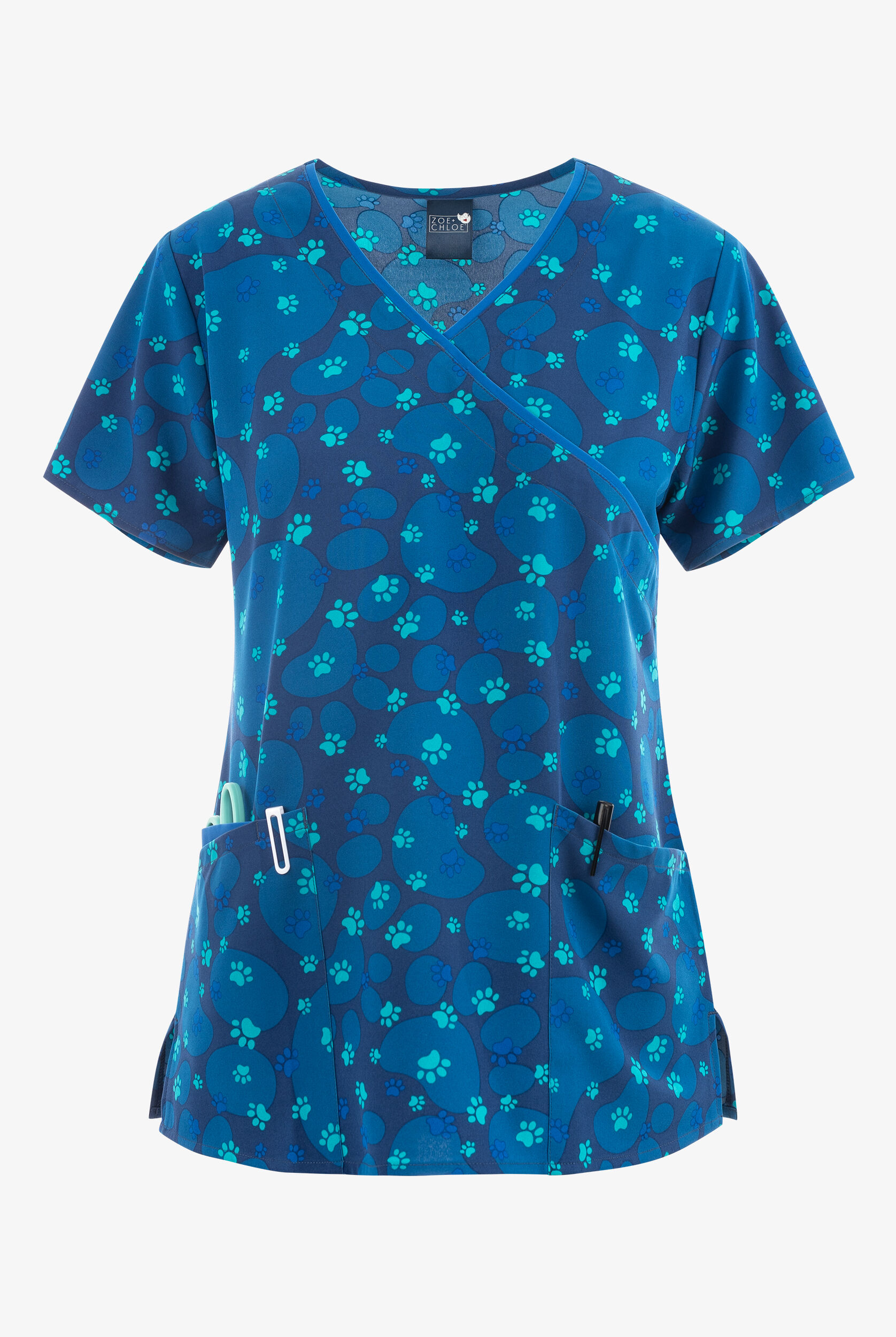 Zoe & Chloe Dog Fun Women's 3-Pocket STRETCH Mock Wrap Print Scrub Top ...