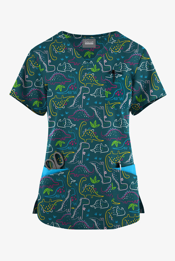 Butter-Soft Dinosaur Caribbean Blue Women's 7-Pocket Rounded V-Neck ...