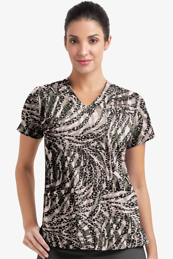 Easy STRETCH Animal Stripes Onyx Black Printed Women's 2-Pocket V-Neck ...