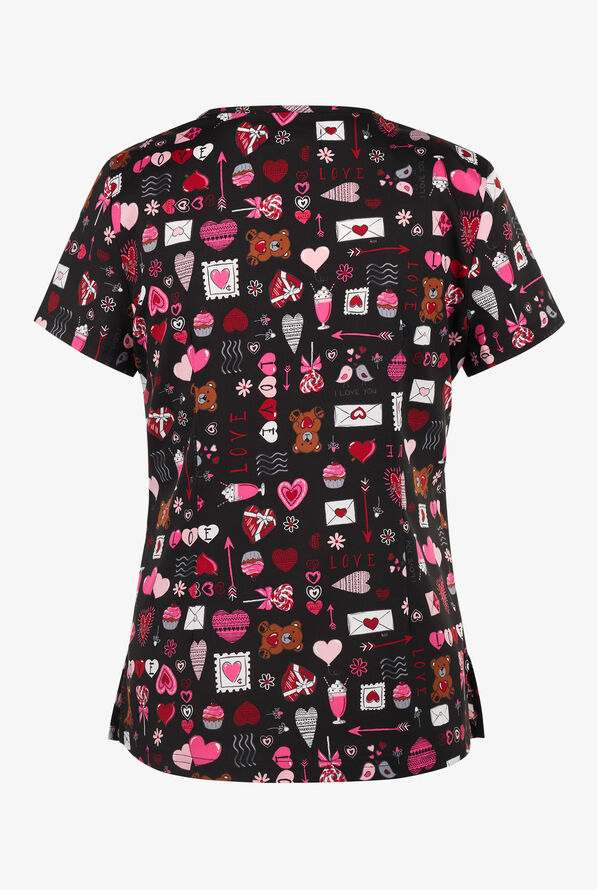 koi Basics Heart Mail Women's 2-Pocket STRETCH V-Neck Print Scrub Top ...