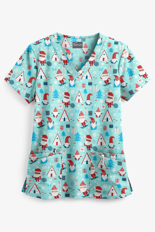 Butter-Soft Here Comes Santa Aqua Moon Scrub Top, Christmas Scrubs