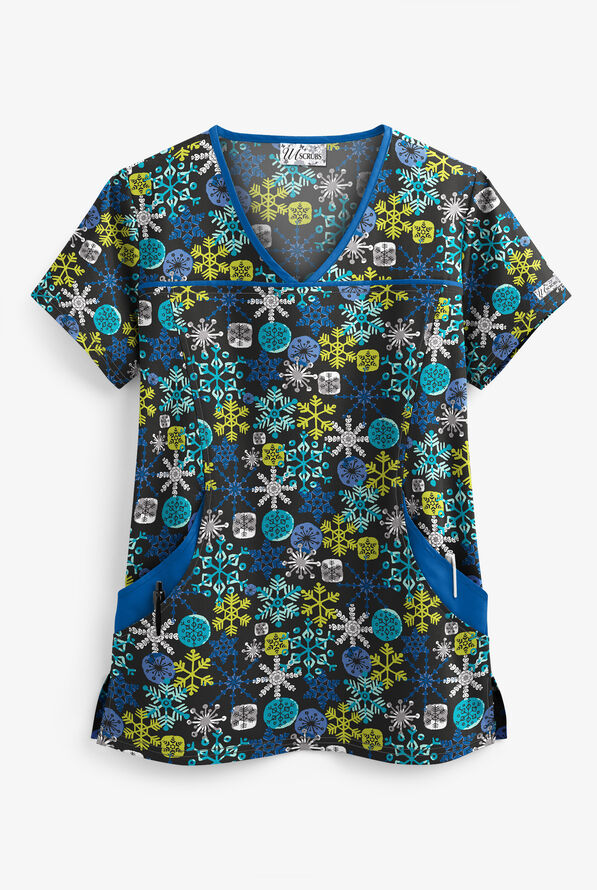 UA Snowflake Bliss Black Princess Seam Print Scrub Top, Holiday Scrubs