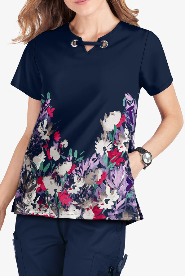 UA Butter-Soft STRETCH Garden Flowers Navy Women's 2-Pocket Print Scrub ...