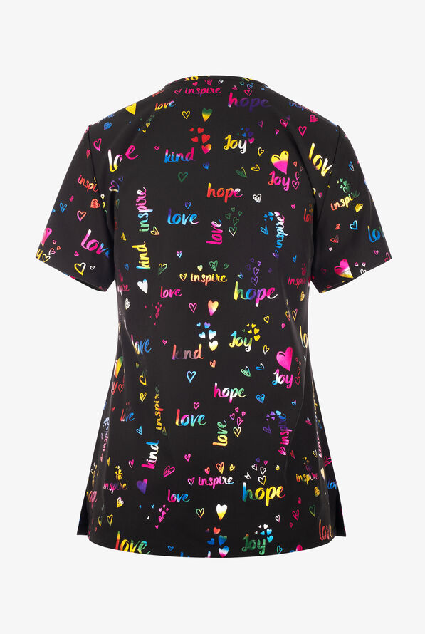 Green Town Inspired Foil Hearts Women's 3-Pocket STRETCH V-Neck Print ...