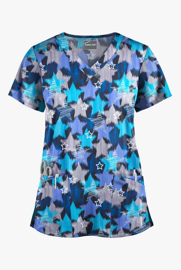 UA Butter-Soft Shining Stars Black Printed Women's 4-Pocket Rounded V ...