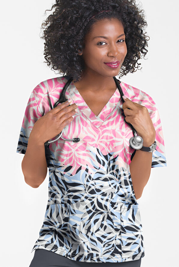 Butter-Soft Abstract Floral Cloud Blue 2-Pocket Top, Cotton Rich Scrub