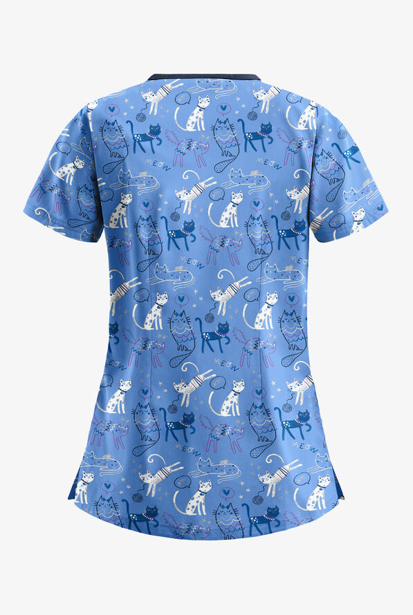 Butter-Soft Playful Cats Ceil Women's 3-Pocket Criss Cross Print Scrub ...