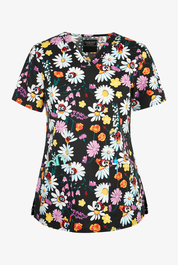 Cherokee Ladybug Garden Women's 2-Pocket STRETCH V-Neck Print Scrub Top ...