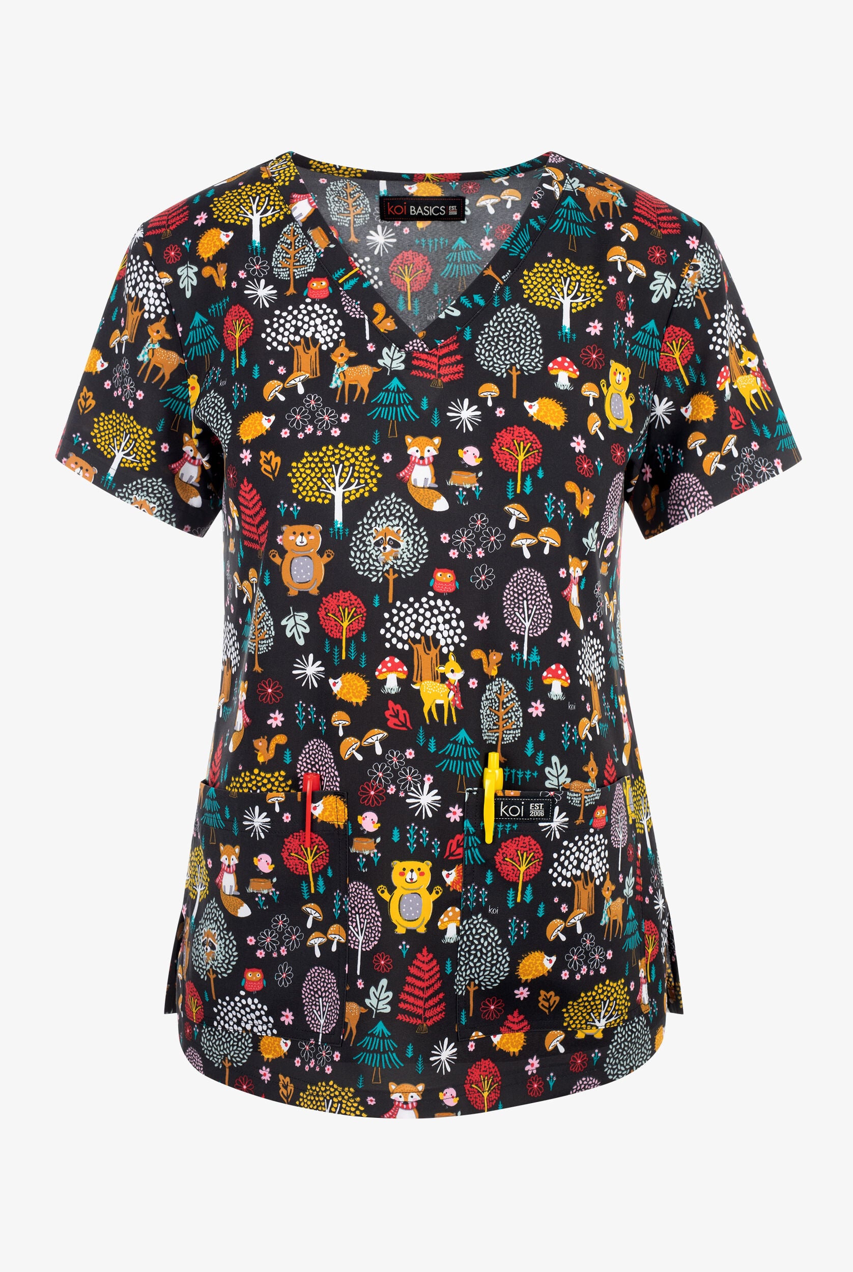 koi Basics Woodland Creatures Women's 2-Pocket STRETCH V-Neck Print ...