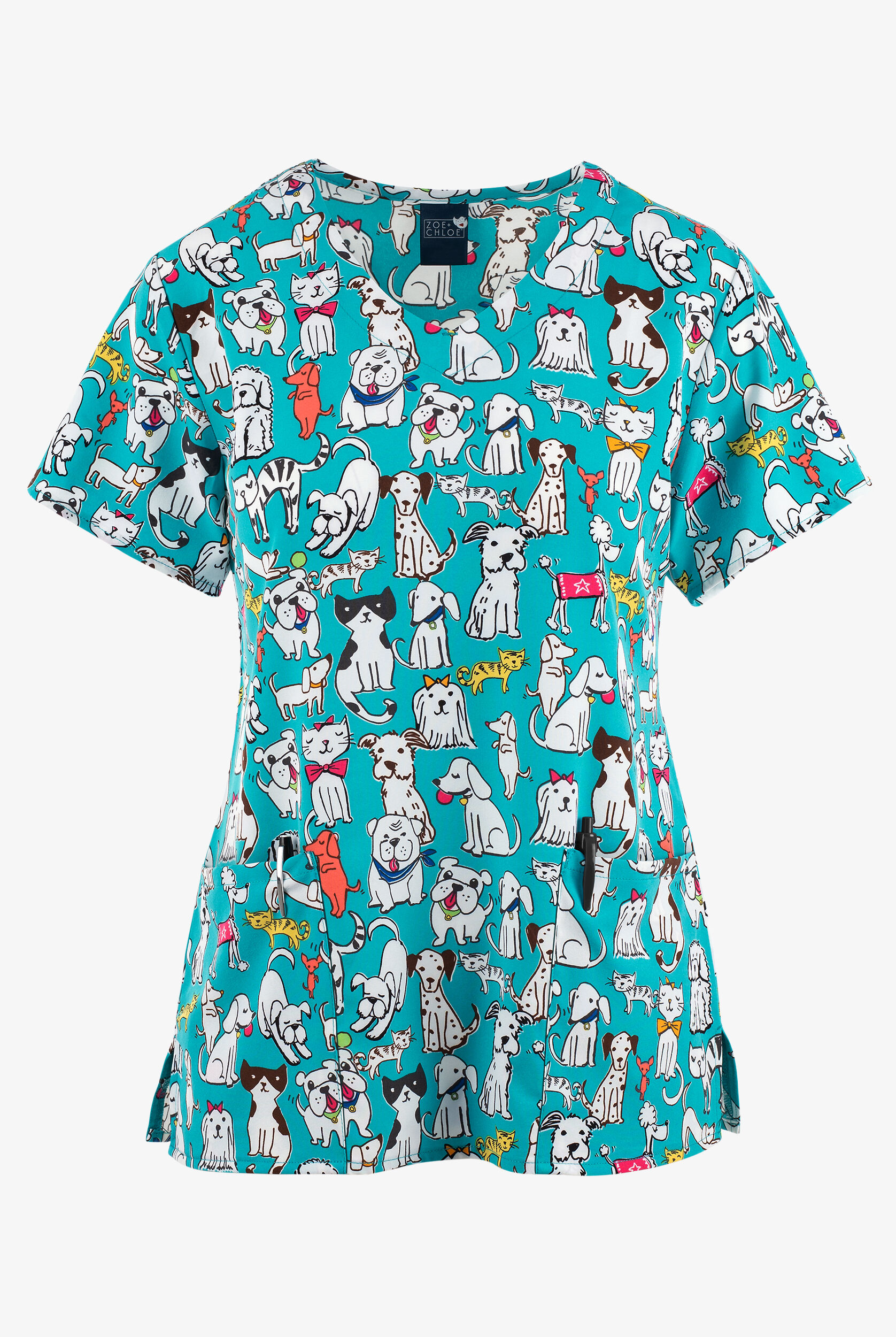 Zoe and Chloe Cuddle Huddle 2-Pocket V-Neck Print Top, Veterinary Scrubs