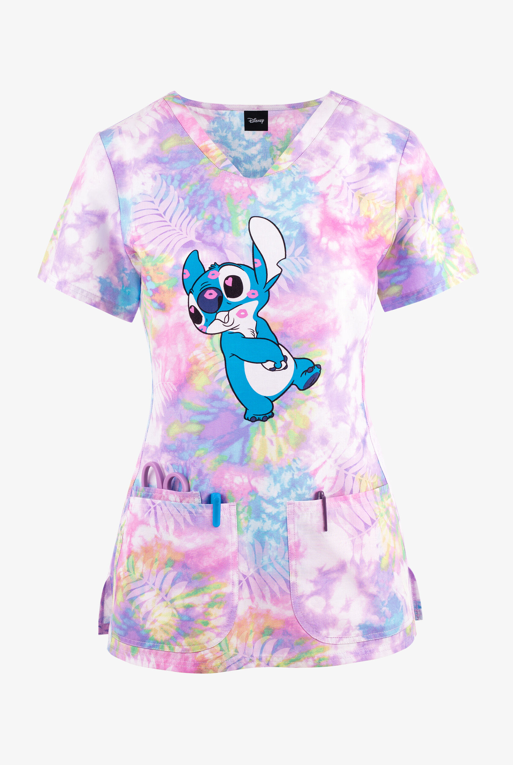 Tooniforms Stitch Smooches Women's Print Scrub Top, Disney Scrubs