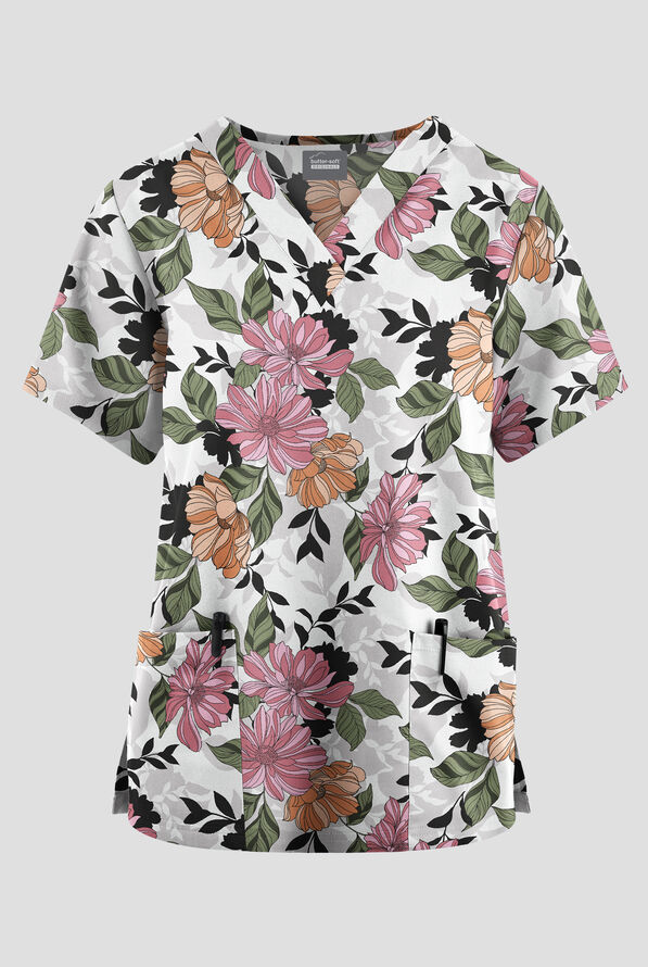 Butter-soft Originals Floral Fantasy Cosmo Pink Women's 2-Pocket V-Neck ...