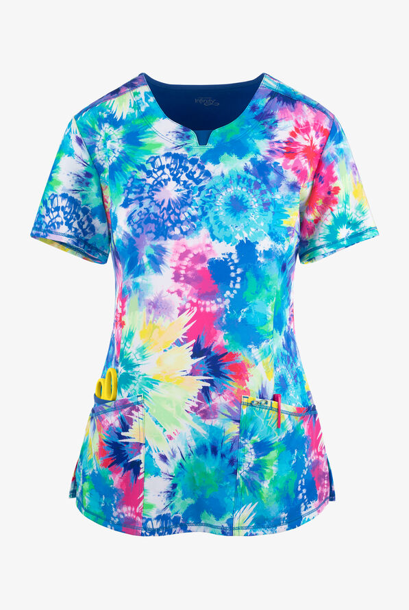 Cherokee Infinity Tie Dye Burst Women's 3-Pocket STRETCH Notched Round ...