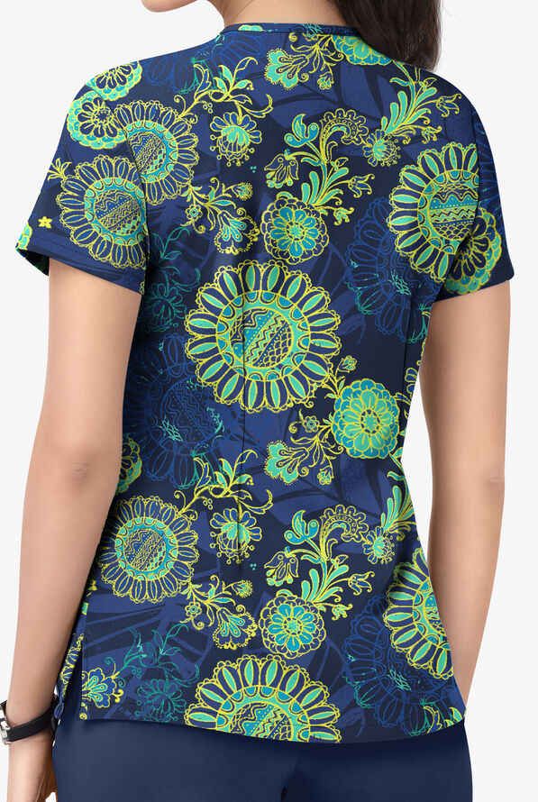 Easy STRETCH Neon Floral Rhodes Blue Print Scrub Top, Fashion Scrubs