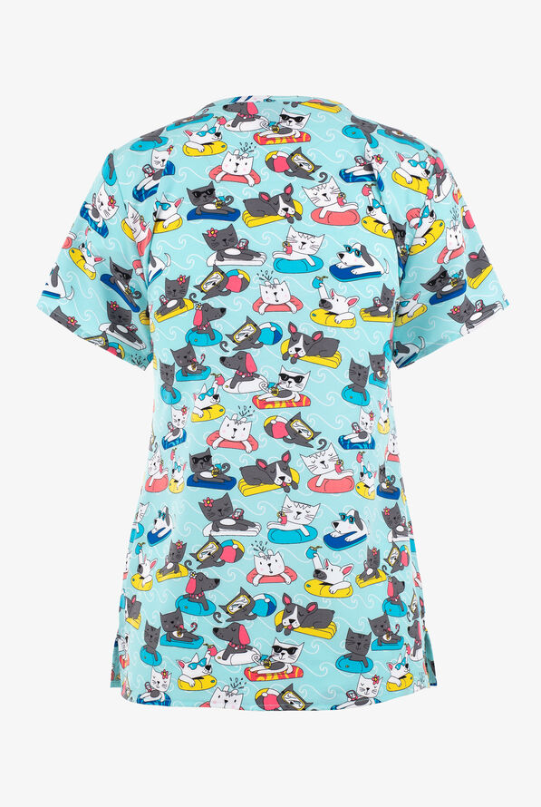 Zoe & Chloe Pool Party STRETCH V-Neck Print Scrub Top, Print Scrubs