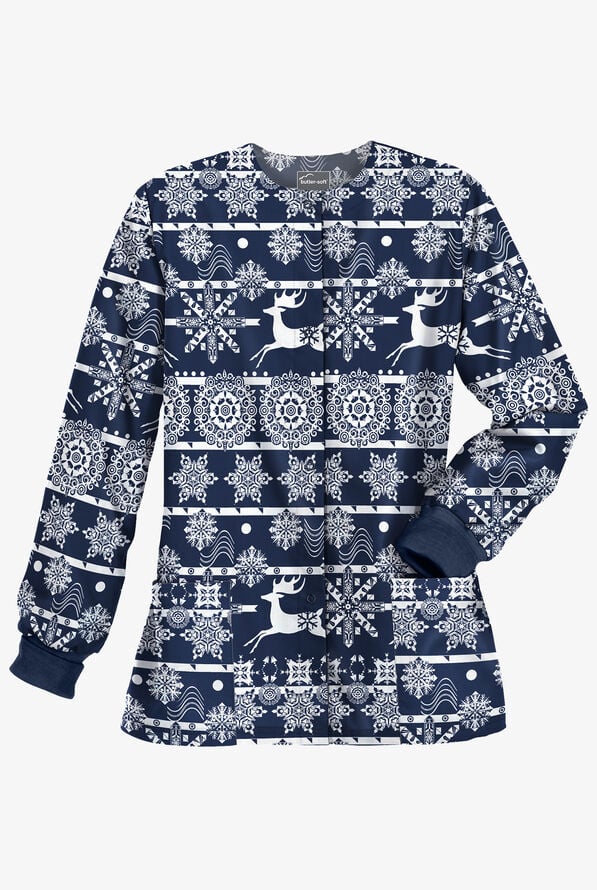 UA Butter-Soft Nordic Winter Navy Women's 2-Pocket Warm Up Print Scrub ...