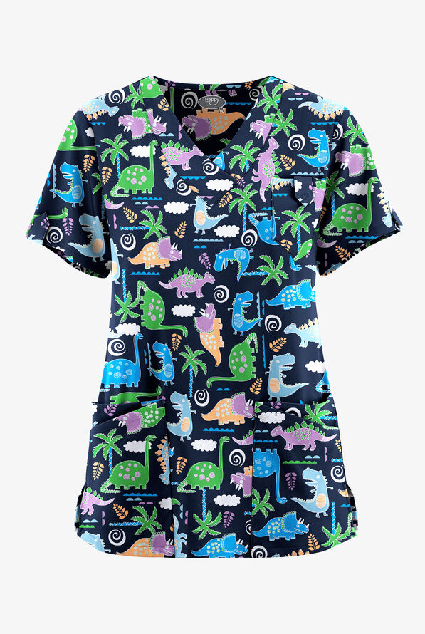 UA Happy Scrubs STRETCH Stompin' Dino Turquoise Women's 5-Pocket V-Neck ...