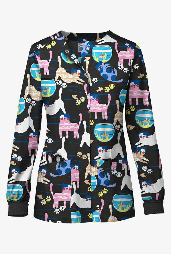 Butter-Soft STRETCH Cats and Friends Women's 2-Pocket Long Sleeve Snap ...