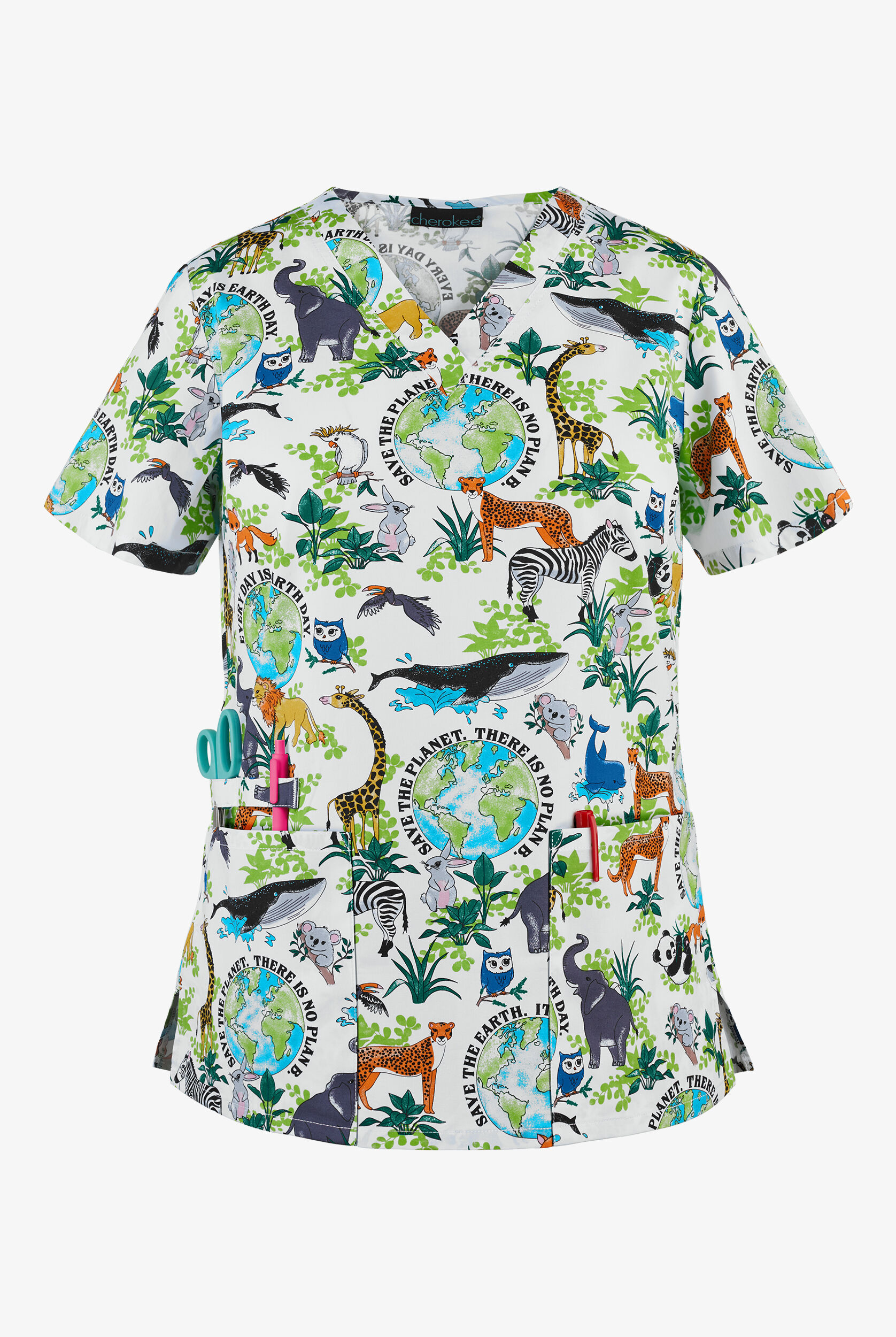 Cherokee Genuine Print Earth Day V-Neck Scrub Top, Animal Scrubs