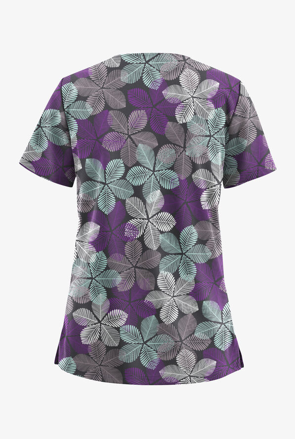 UA Butter-Soft STRETCH Subtle Leaves Pewter Women's 2-Pocket V-Neck ...