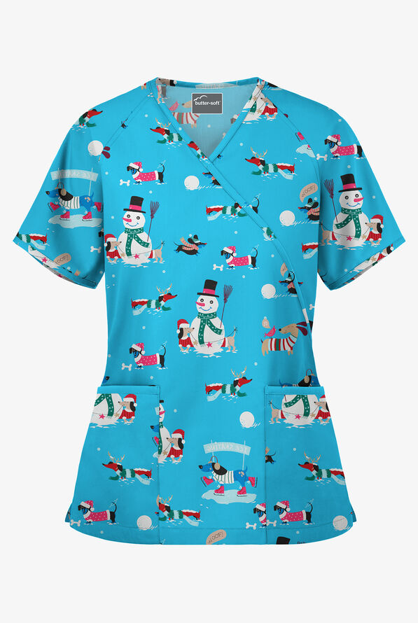 UA Butter-Soft Holiday Fun Turquoise Women's 2-Pocket Mock Wrap Print ...