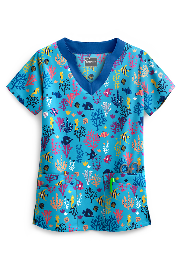 UA Keep Swimming Turquoise Scallop Neck Print Scrub Top, Fashion Scrub