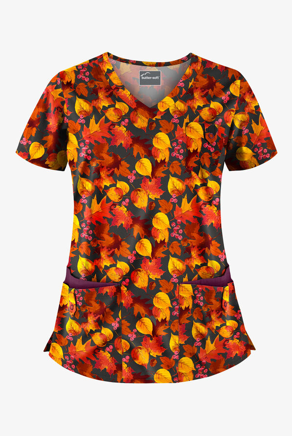 Butter-Soft September Leaves Black Printed Women's 5-Pocket Rounded V ...