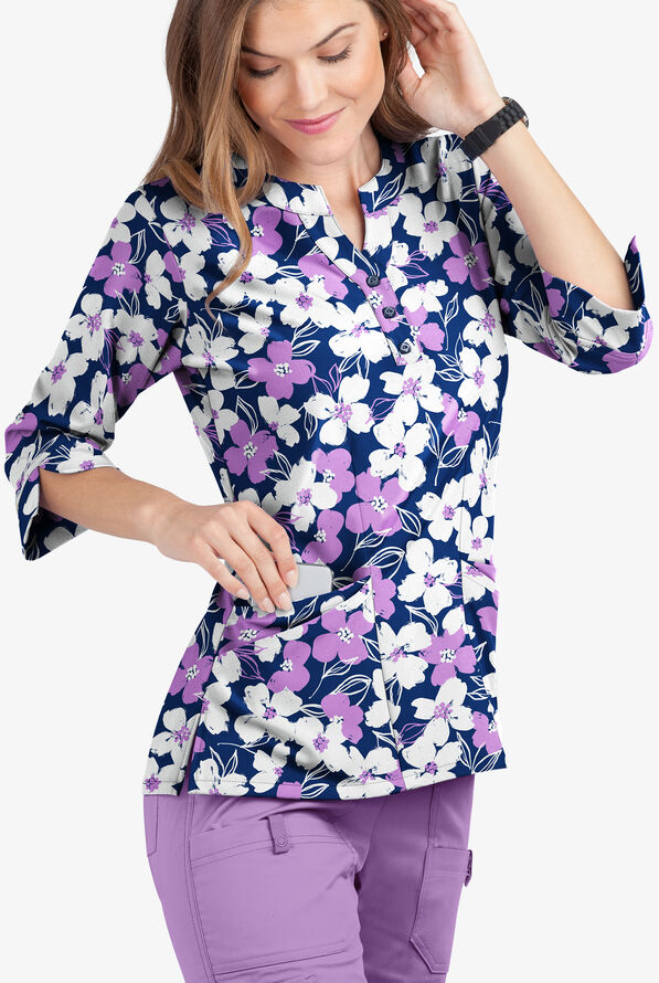 Butter-Soft Floral Elegance Navy 3/4 Sleeve Print Scrub Top, Print Scrubs